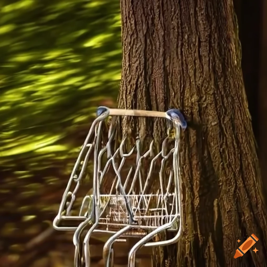 Supermarket trolley chained to tree