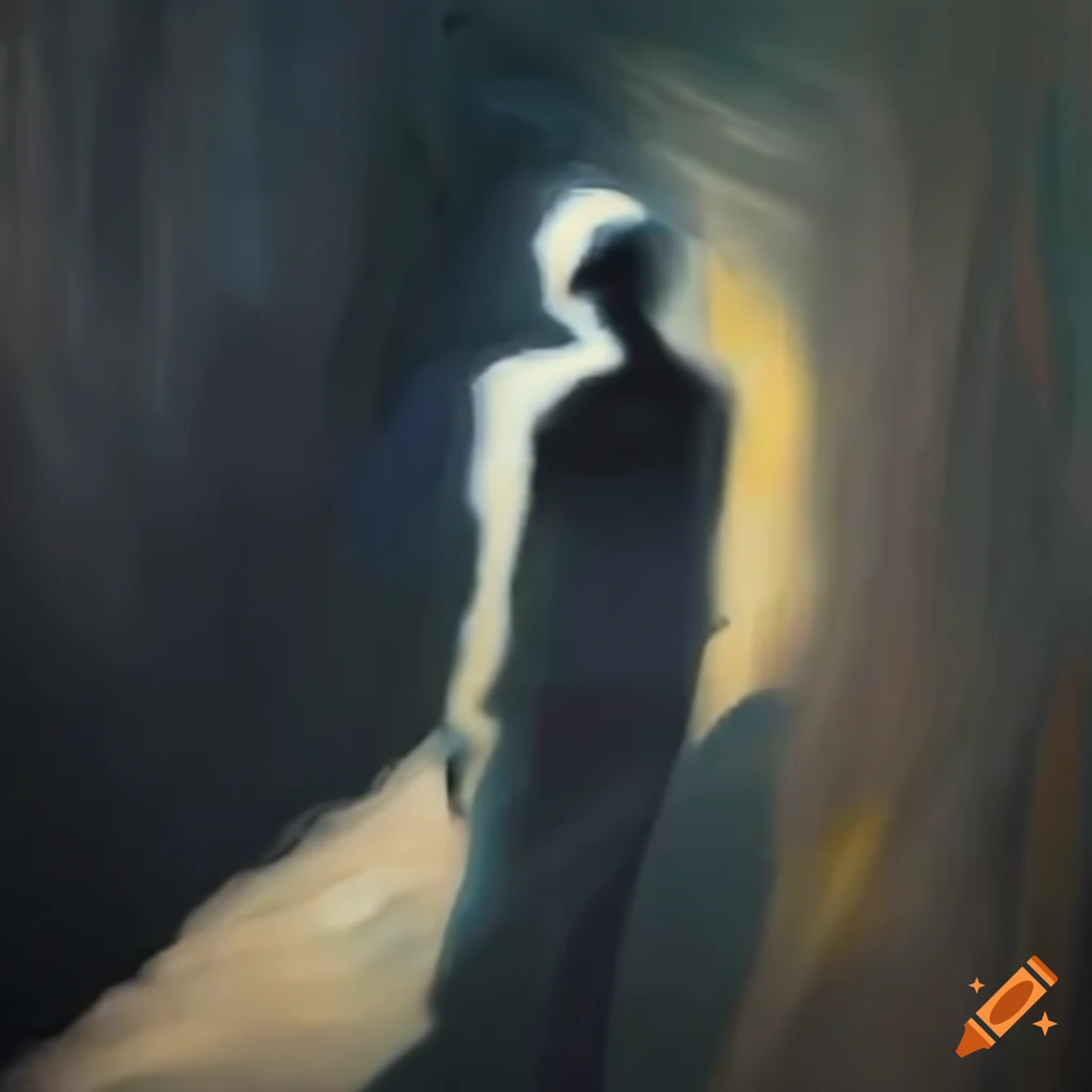 The abstract shadow of a man from behind who walks towards the light