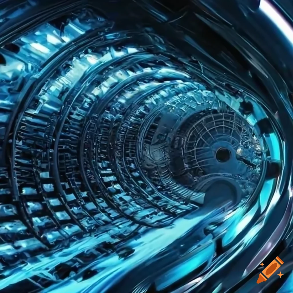 Inside the engine of a futuristic chrome spaceship that runs on water ...