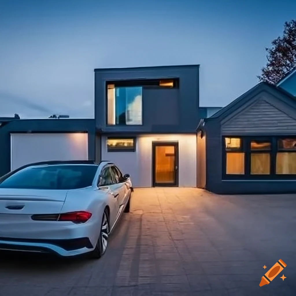 A sleek car parked in front of a contemporary home on Craiyon