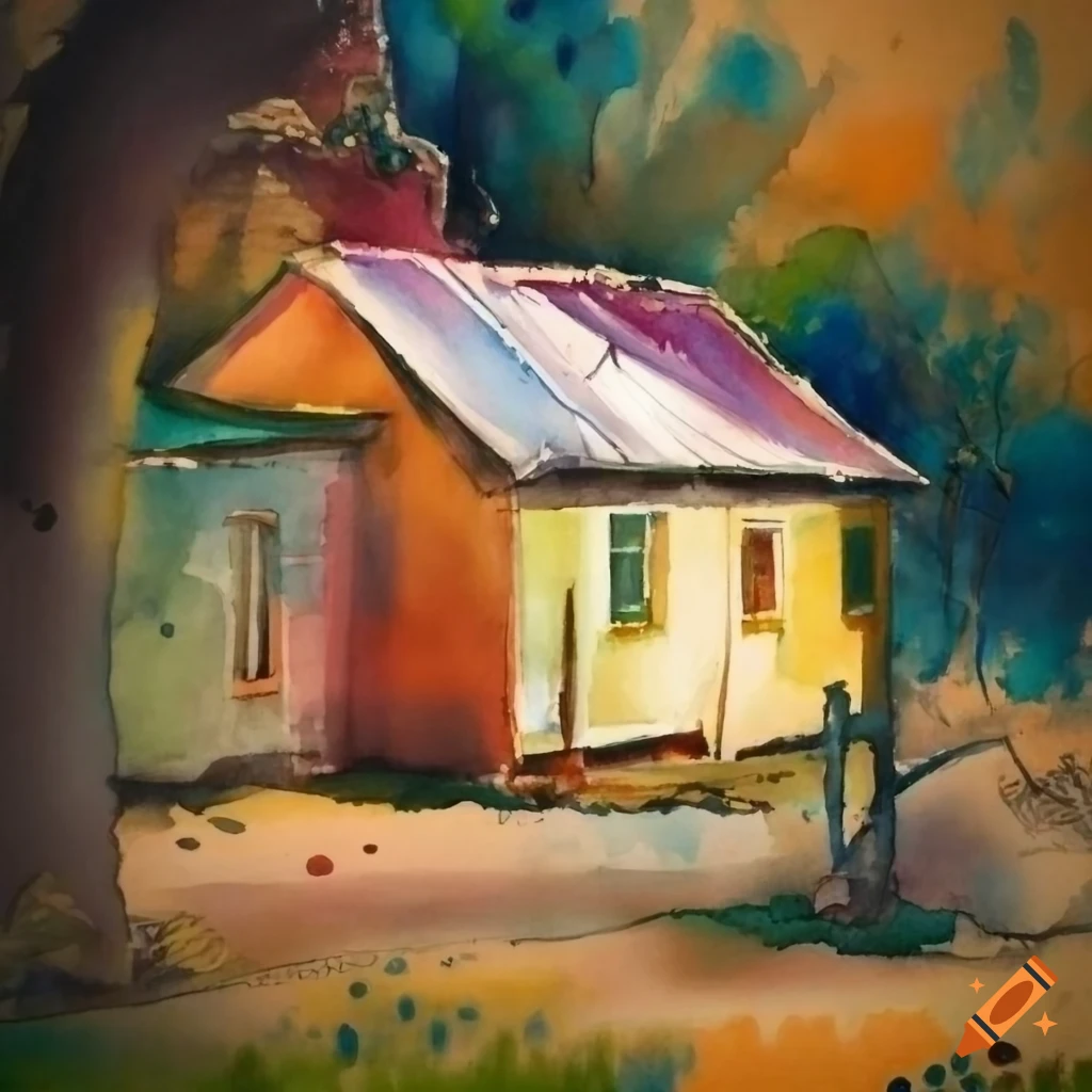 Australian gumtree with cottage outbank water colour