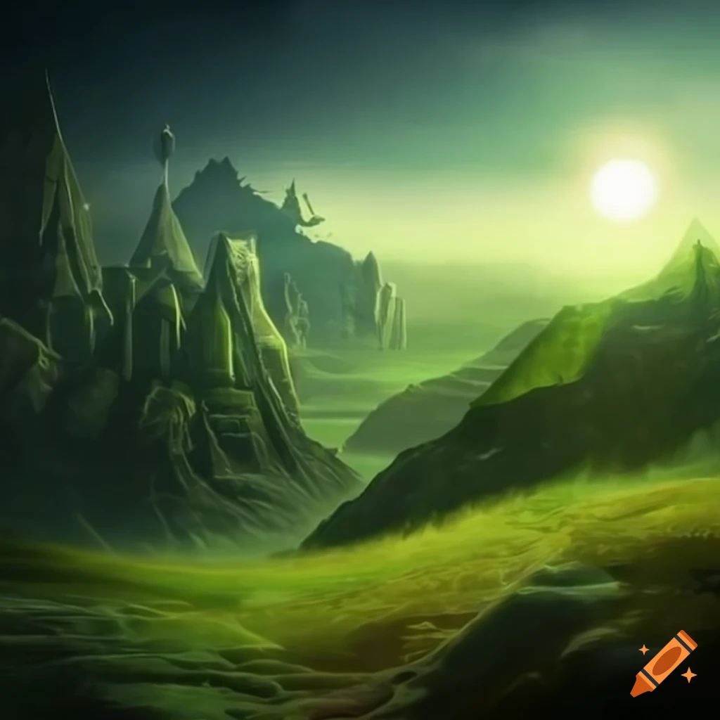 Medieval science fiction grassy hill riverside alien planet