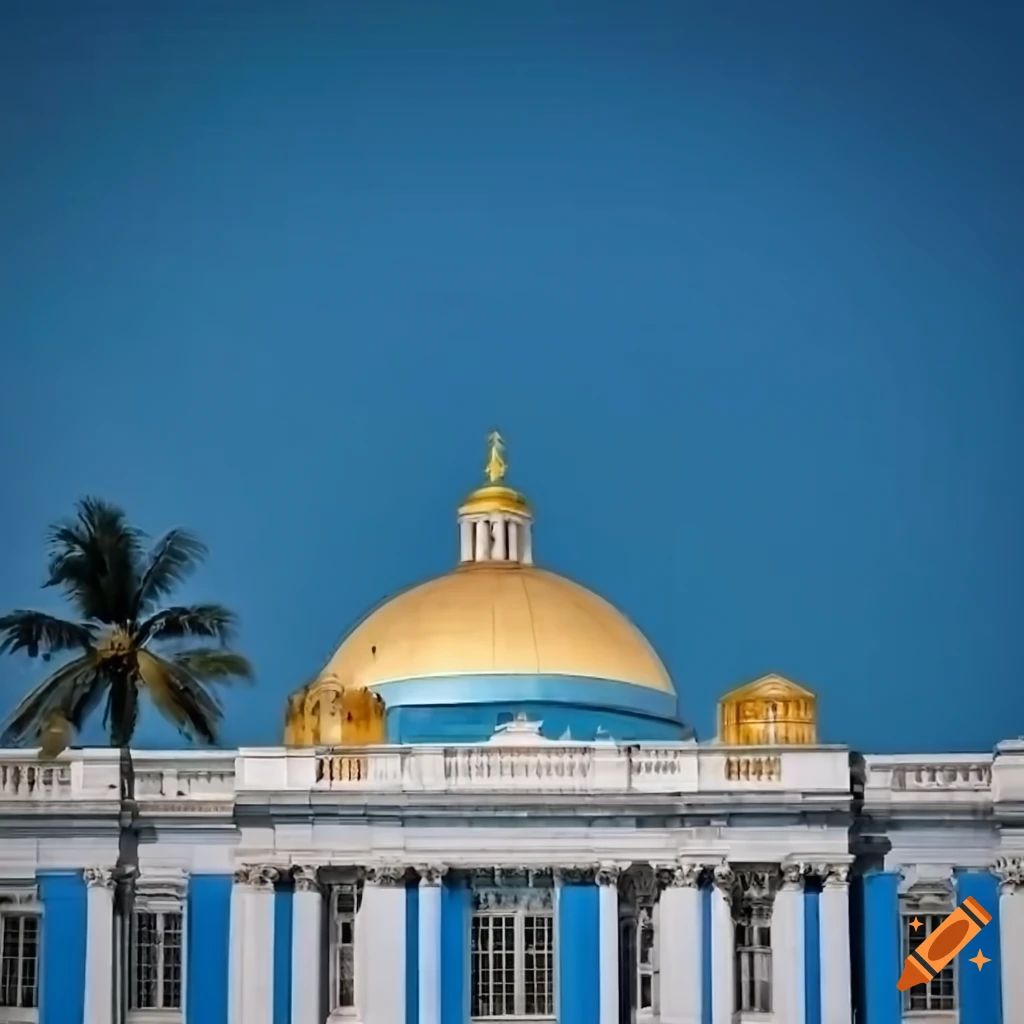 Blue and white striped marble building with a golden dome and palm trees on the sides on Craiyon