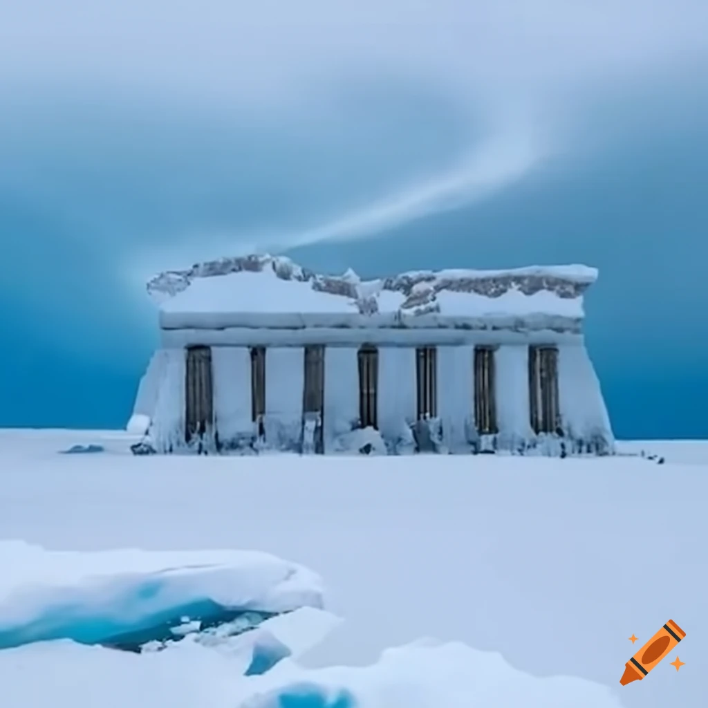 A symmetric greek temple frozen into antarctica on Craiyon