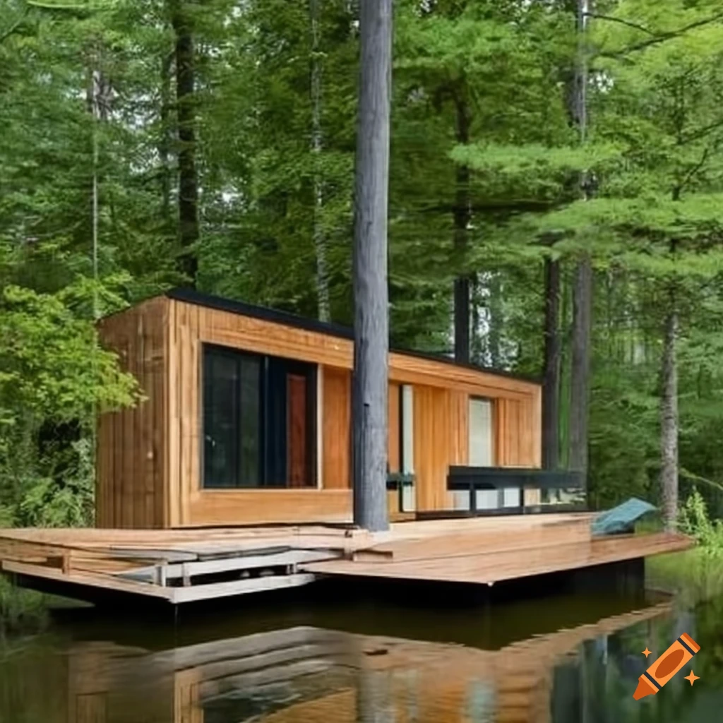 Contemporary timber houses on stilts with a raised walkway on a lake in ...