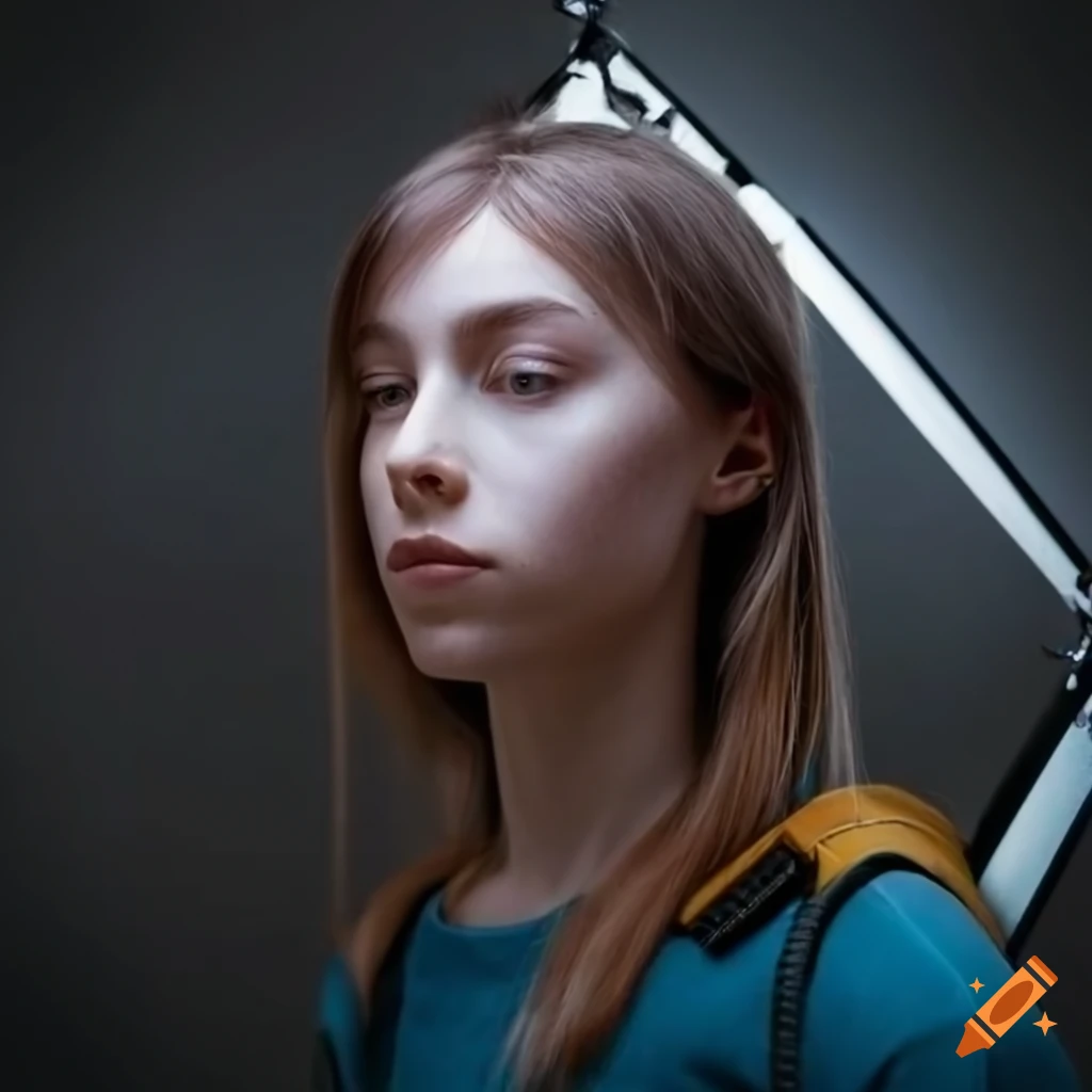 Young female sci fi stowaway on a starship, studio lighting