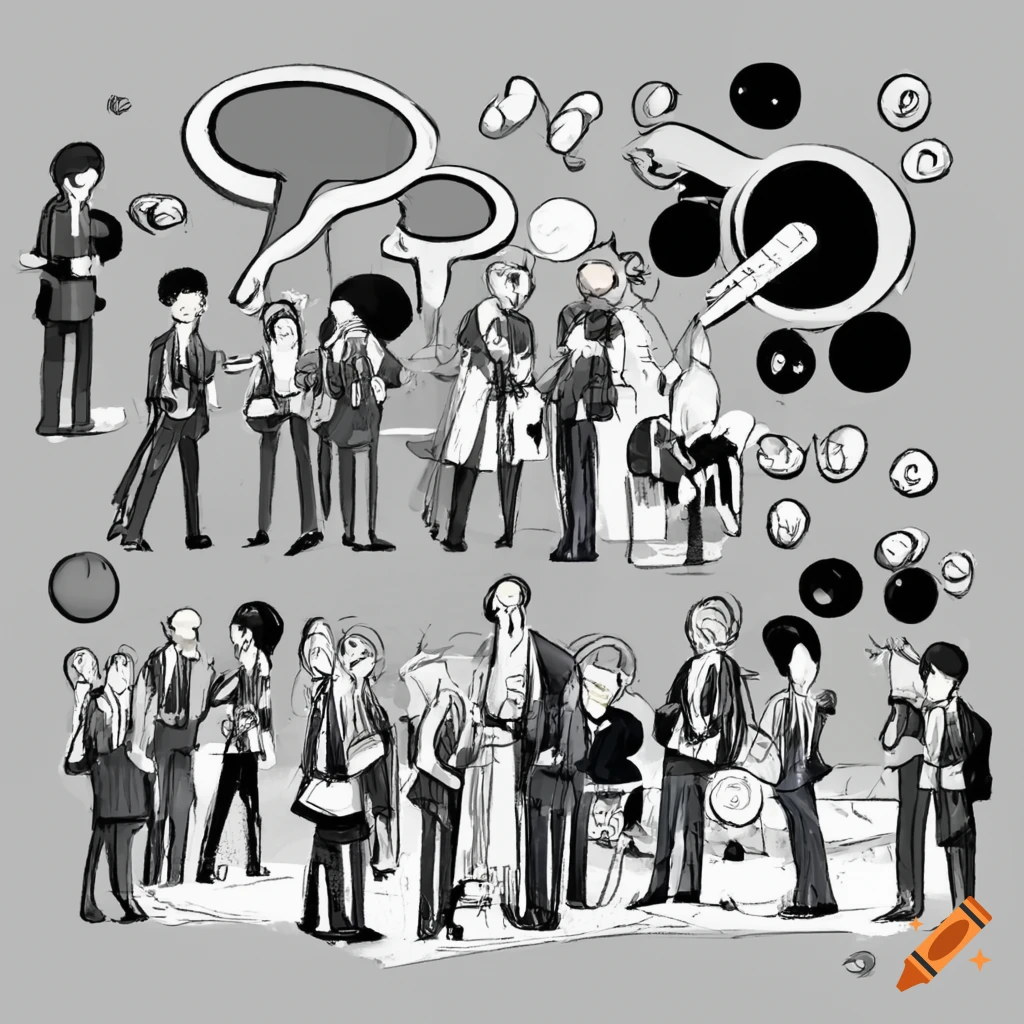 Journalists holding microphones, surrounded by speech bubbles