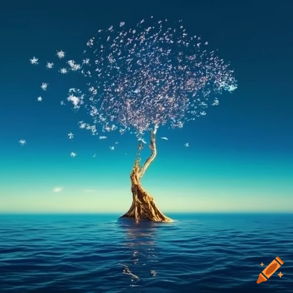 Magical tree floating in the sky overlooking the ocean