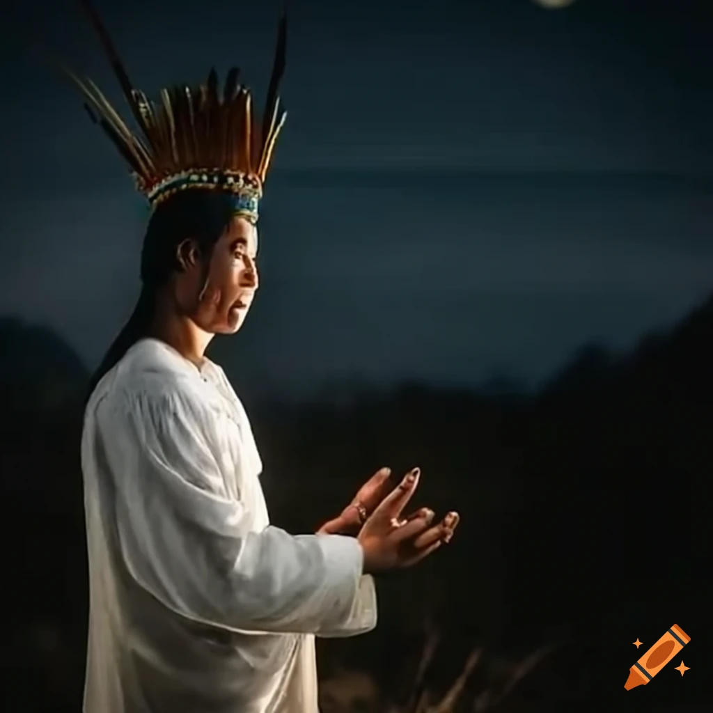 Indigenous man in white clothing offering prayer to the full moon