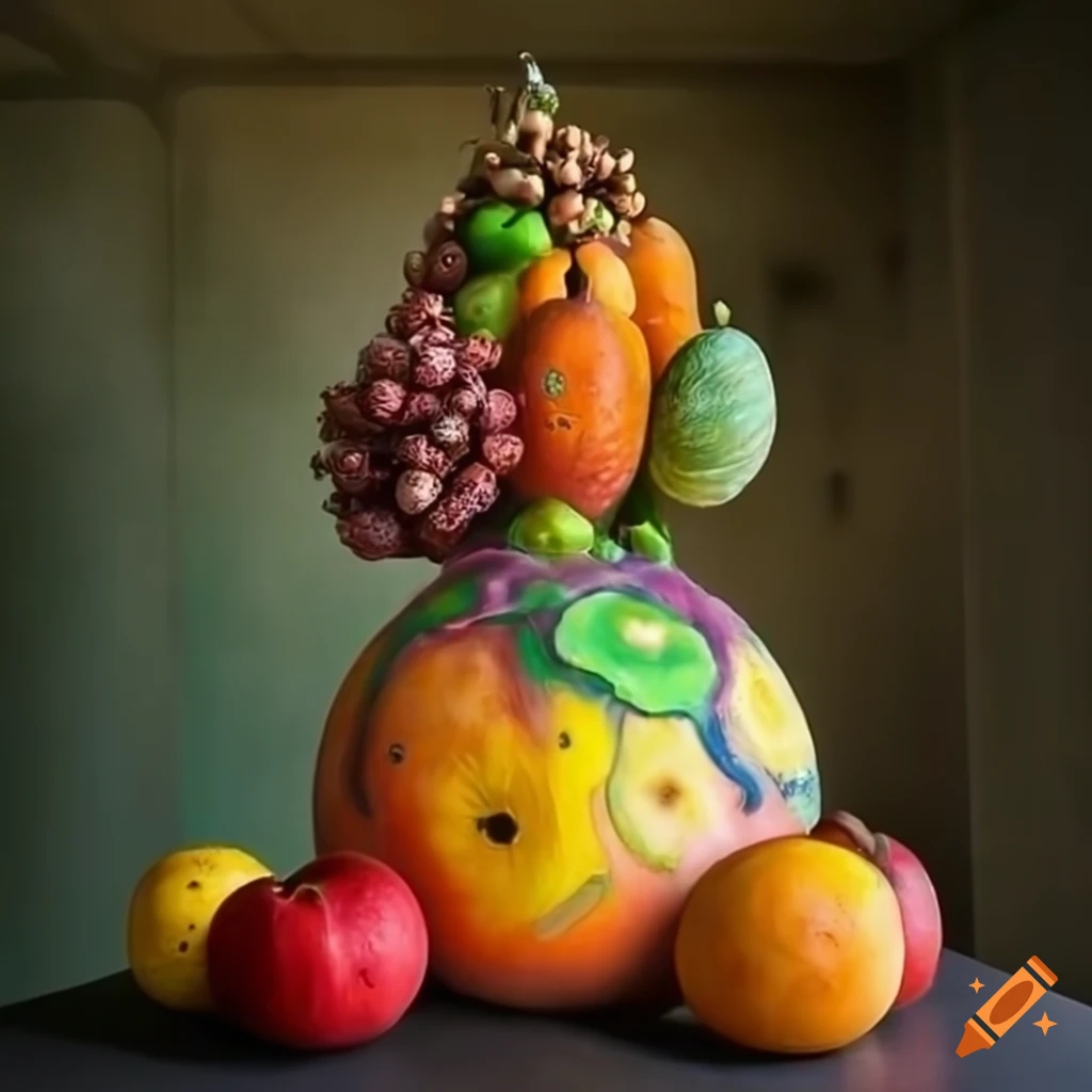The garden of earthly delights with painted sculptures of surreal fruit