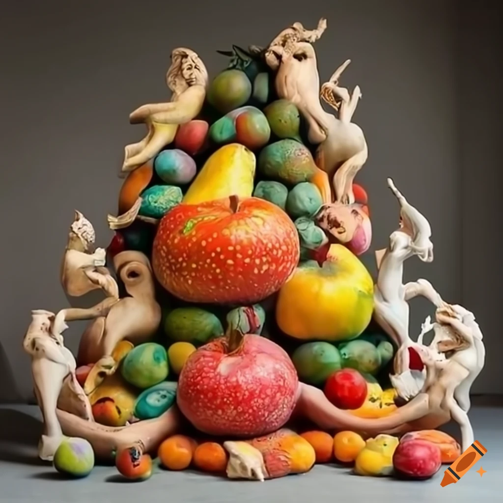 The garden of earthly delights with painted sculptures of surreal fruit ...
