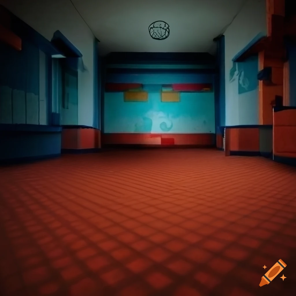 Liminal space, childhood, school, colourful, overexposed lighting, dark ...