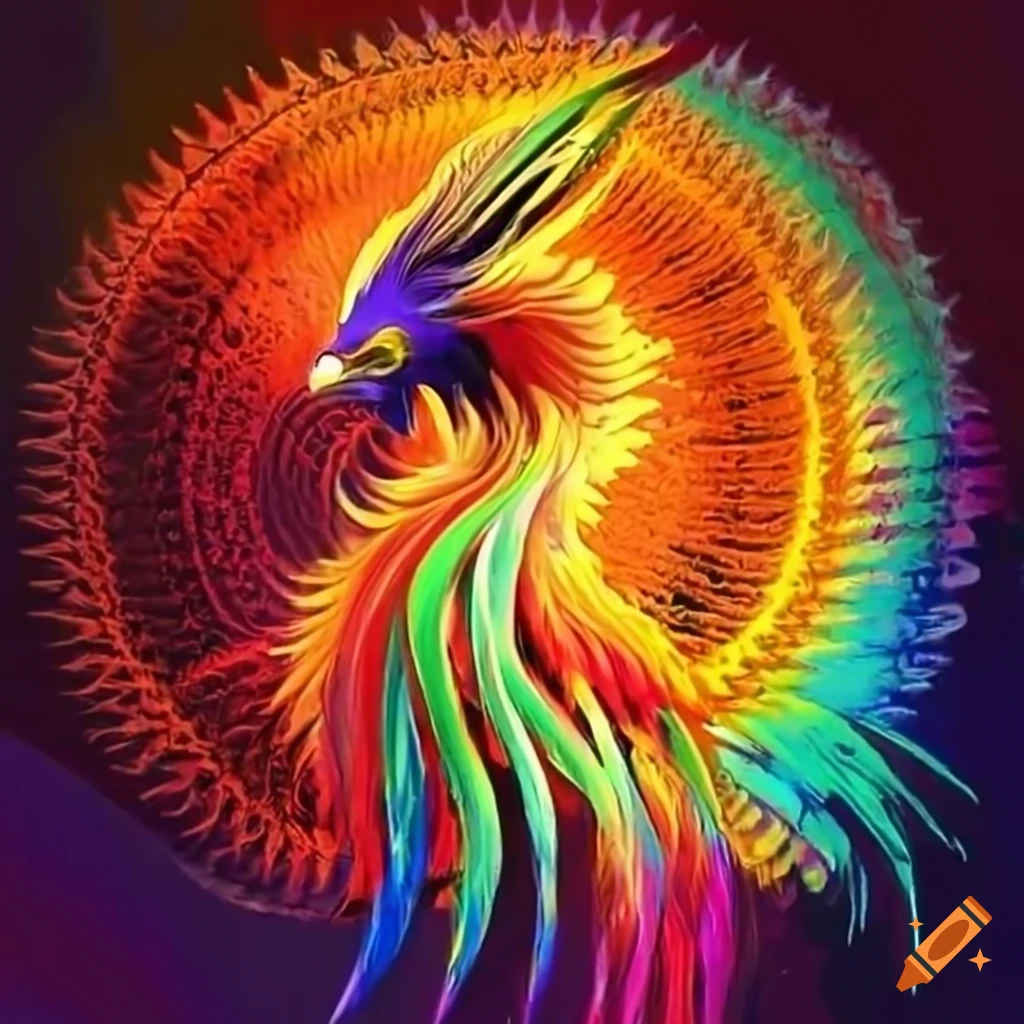Vividly colorful phoenix rising from the sun