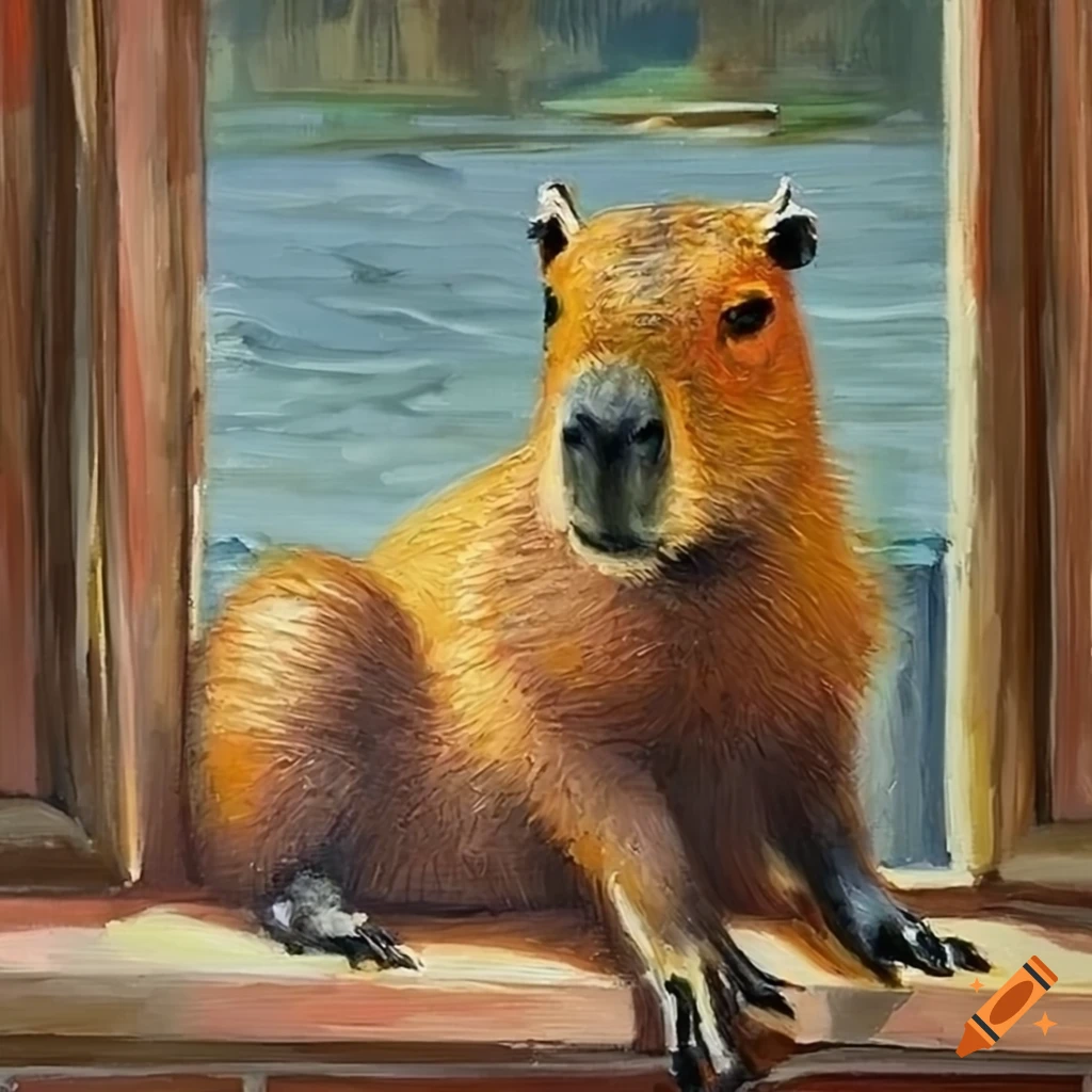 Oil painting of a capybara sitting behind a cottage window on Craiyon