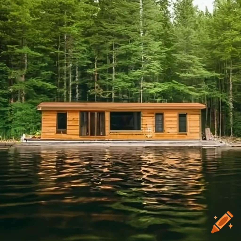 Modern timber houseboats on a forest lake