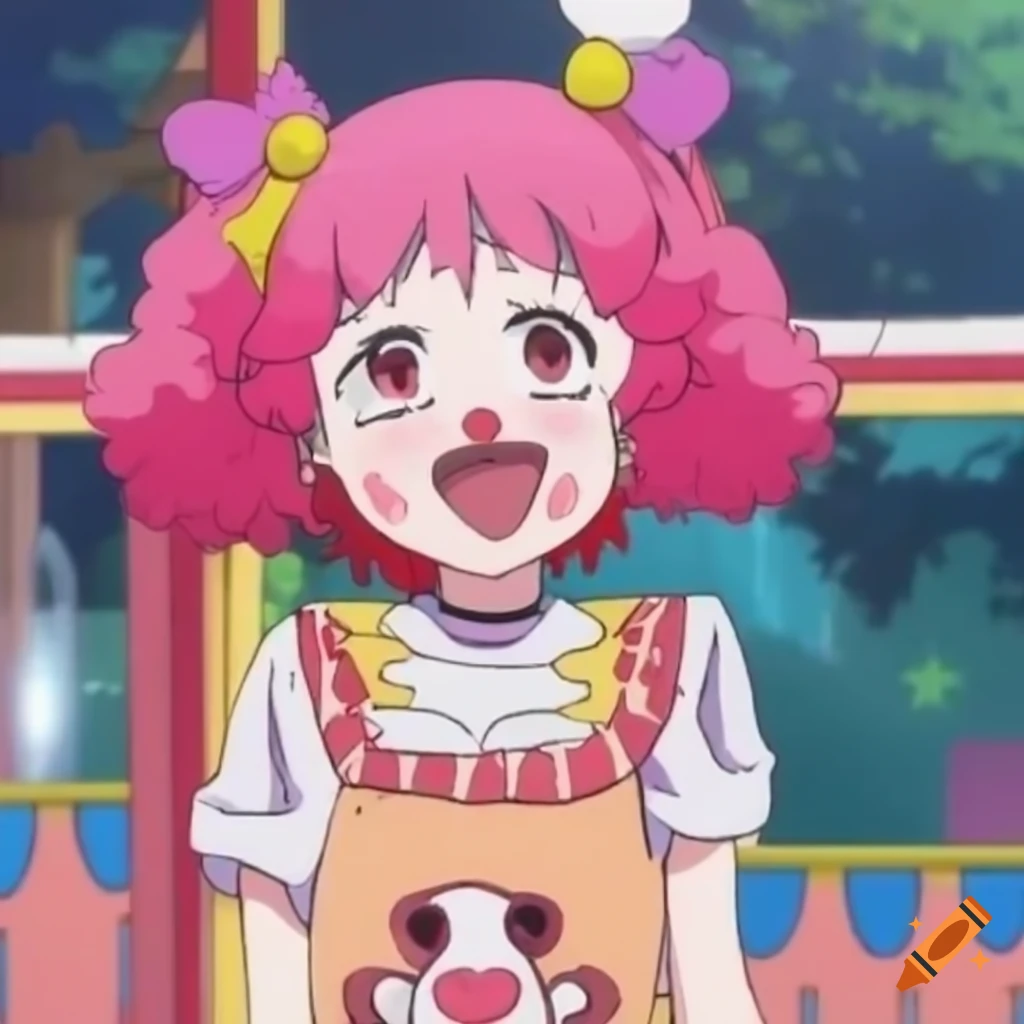 Anime screencap of a happy clown girl in an amusement park, highly ...