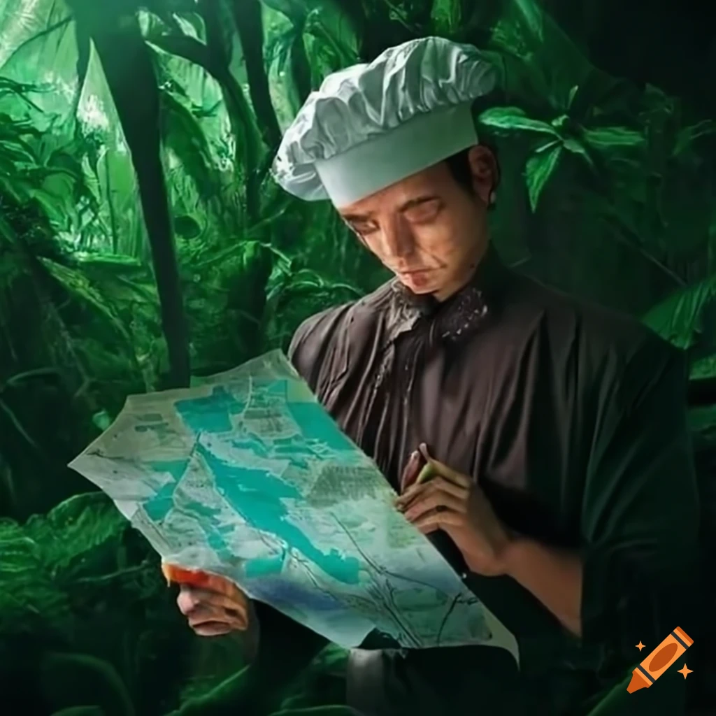 Chef looking at a map deep in the jungle on Craiyon