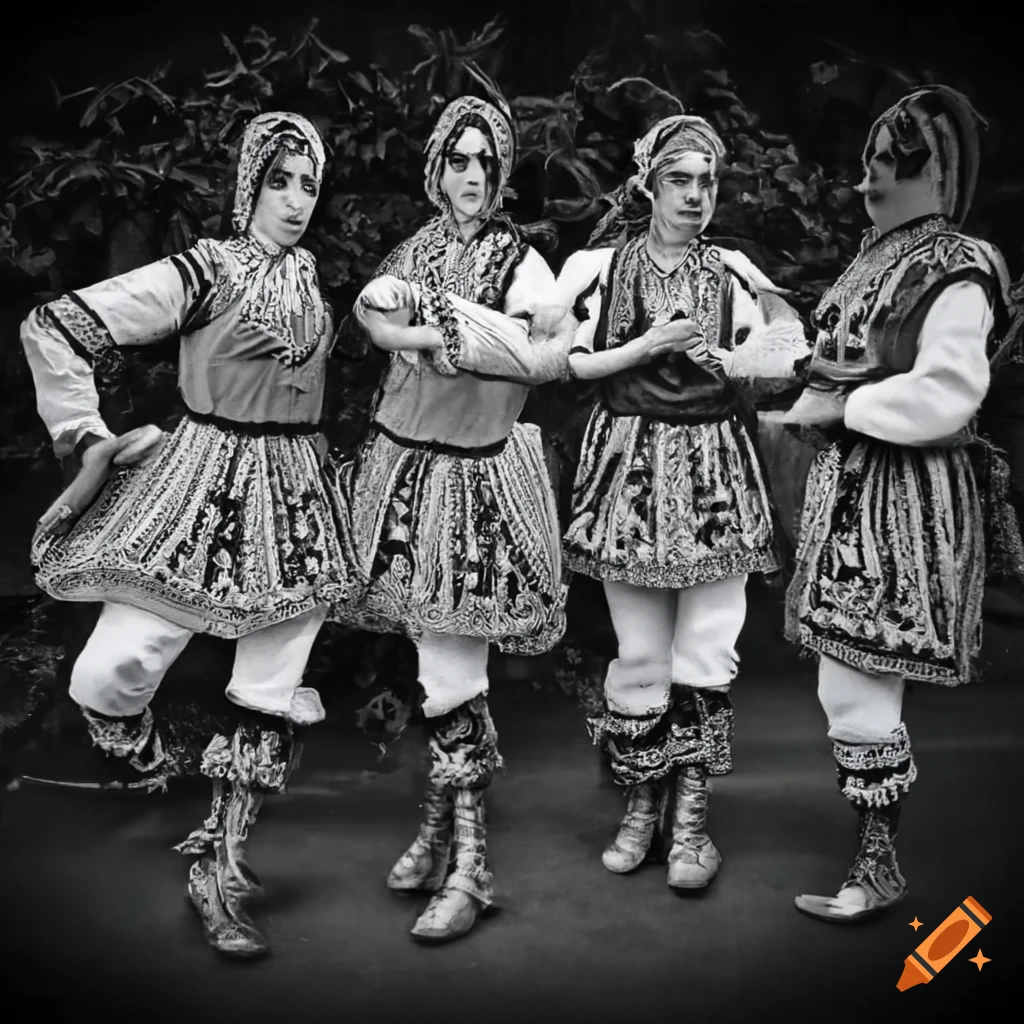 Early photography black and white. 3 Balkan English morris folk dancers ...