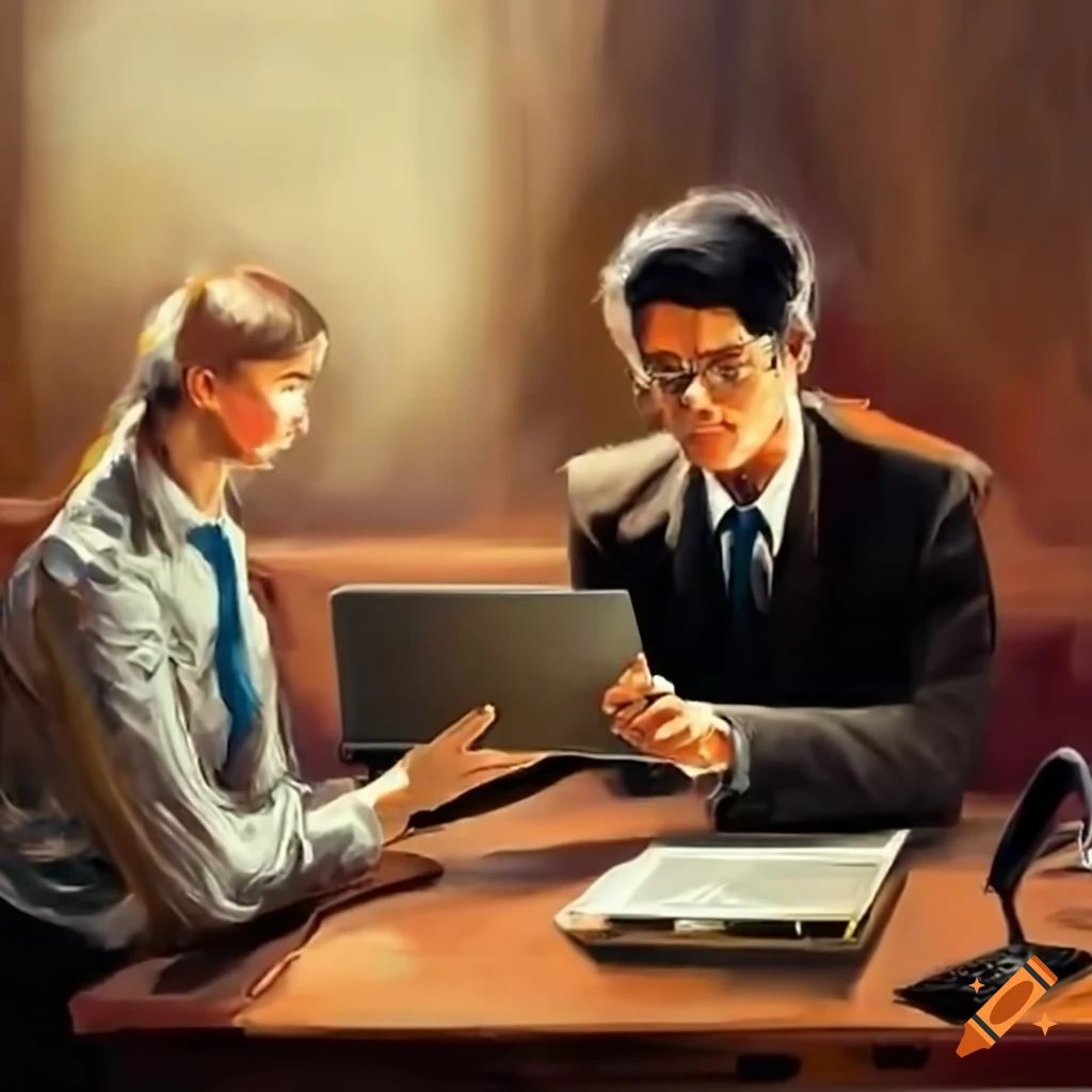 Office with two people exchanging laptop on Craiyon