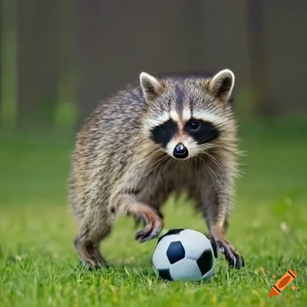 A raccoon kicking a soccer ball on grass field
