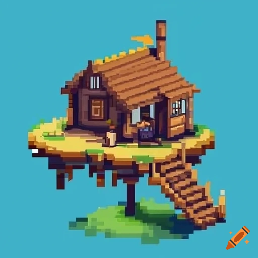 Cabin on island, pixel art