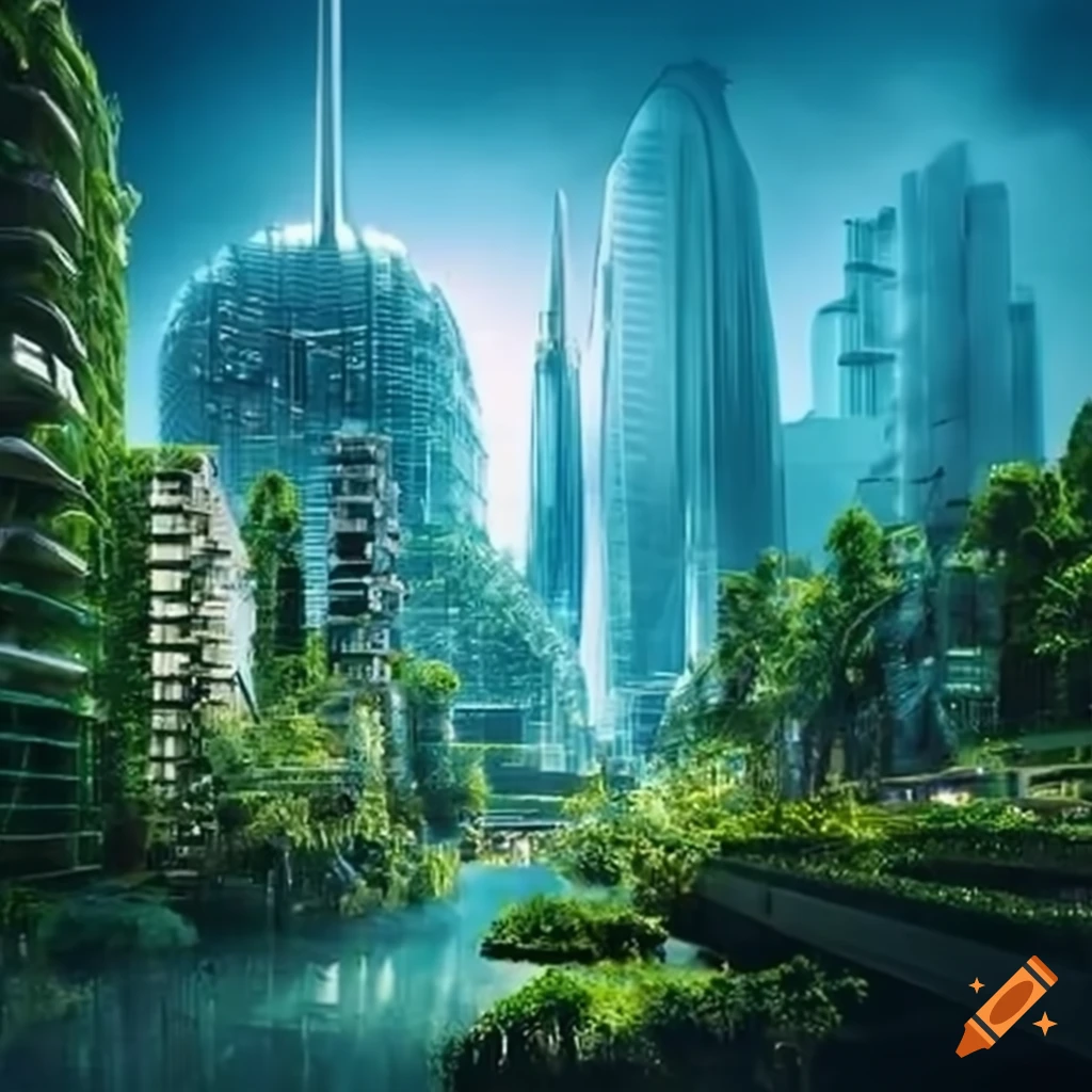 Futuristic city full of greenery on Craiyon