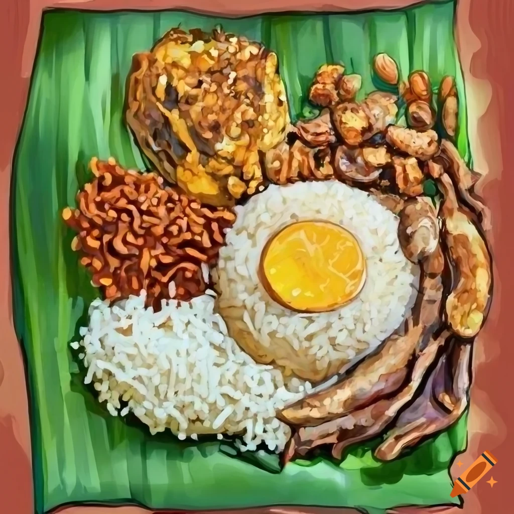 Painting of a plate of delicious nasi lemak