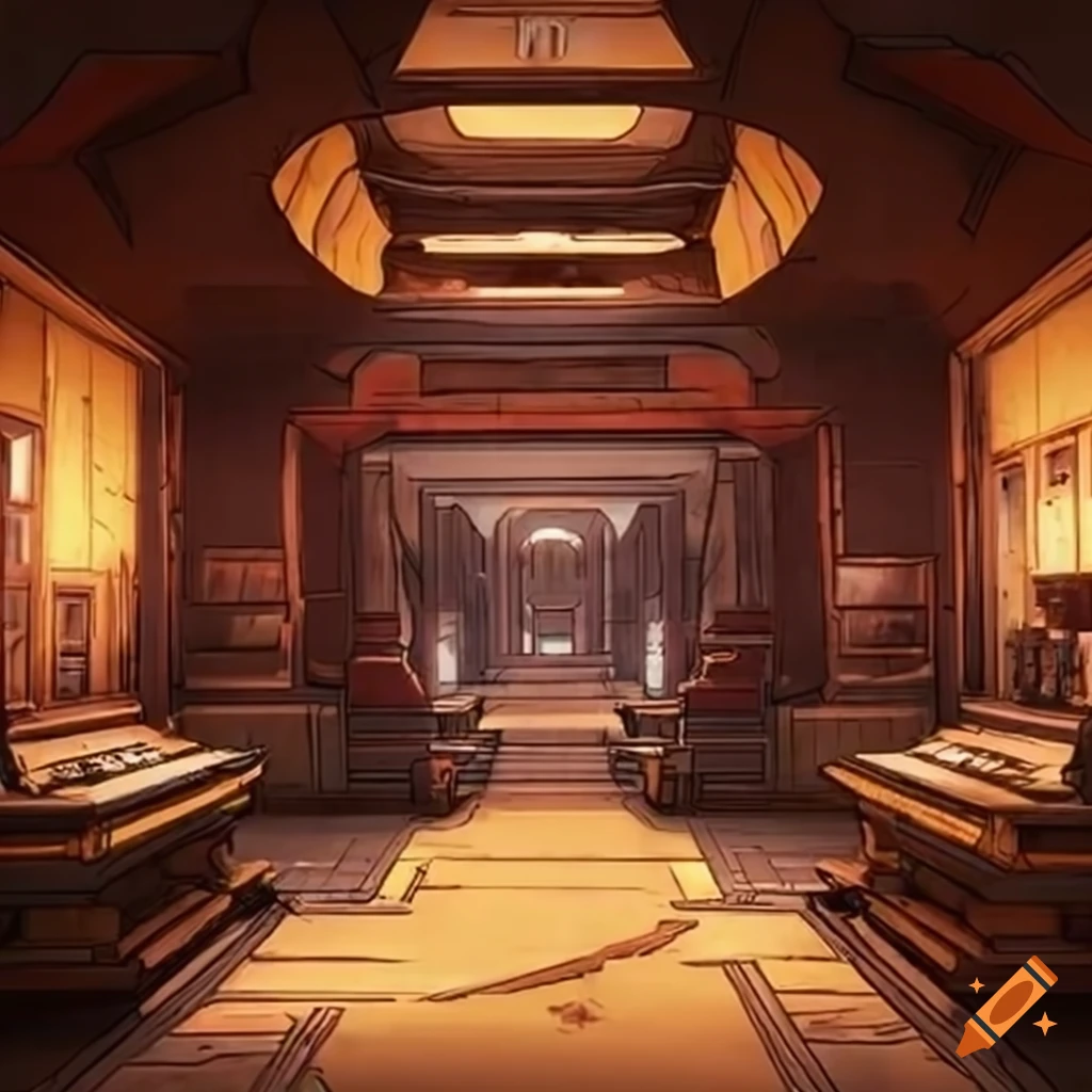 A star wars inspired borderlands inspired roman government office interior
