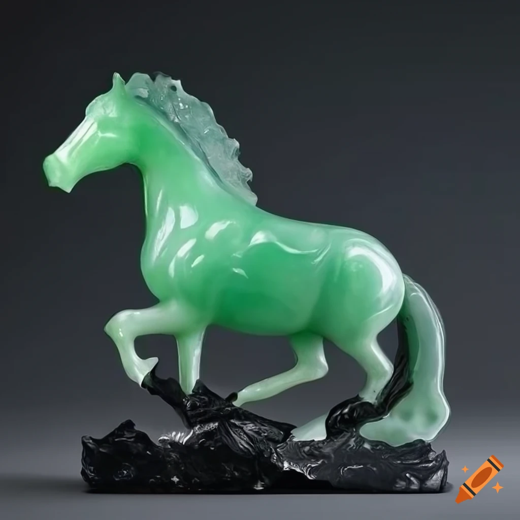 A realistic jade horse sculpture on a black obsidian base on Craiyon