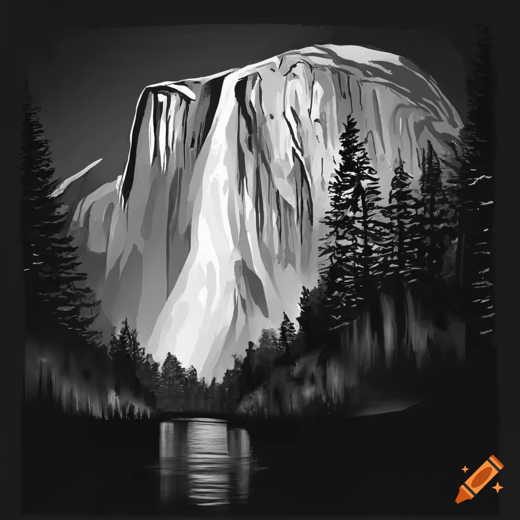 El capitan yosemite, black and white, wide shot, outline drawing