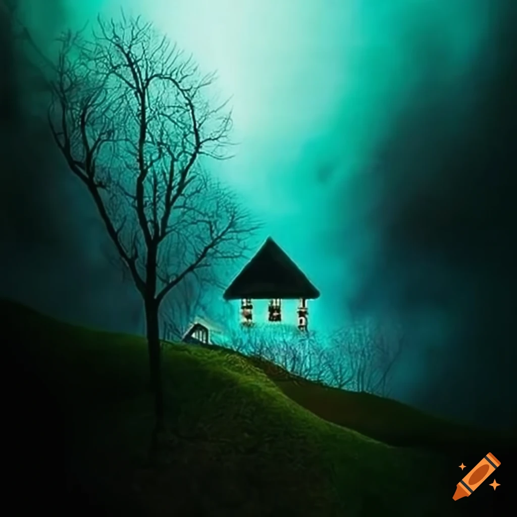 House on a hill by a tree by tim burton