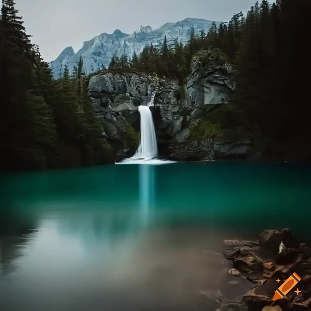 Mountain lake with waterfall on Craiyon