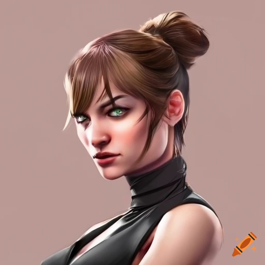 Female ninja with long brown hair in a bun and side swept bangs