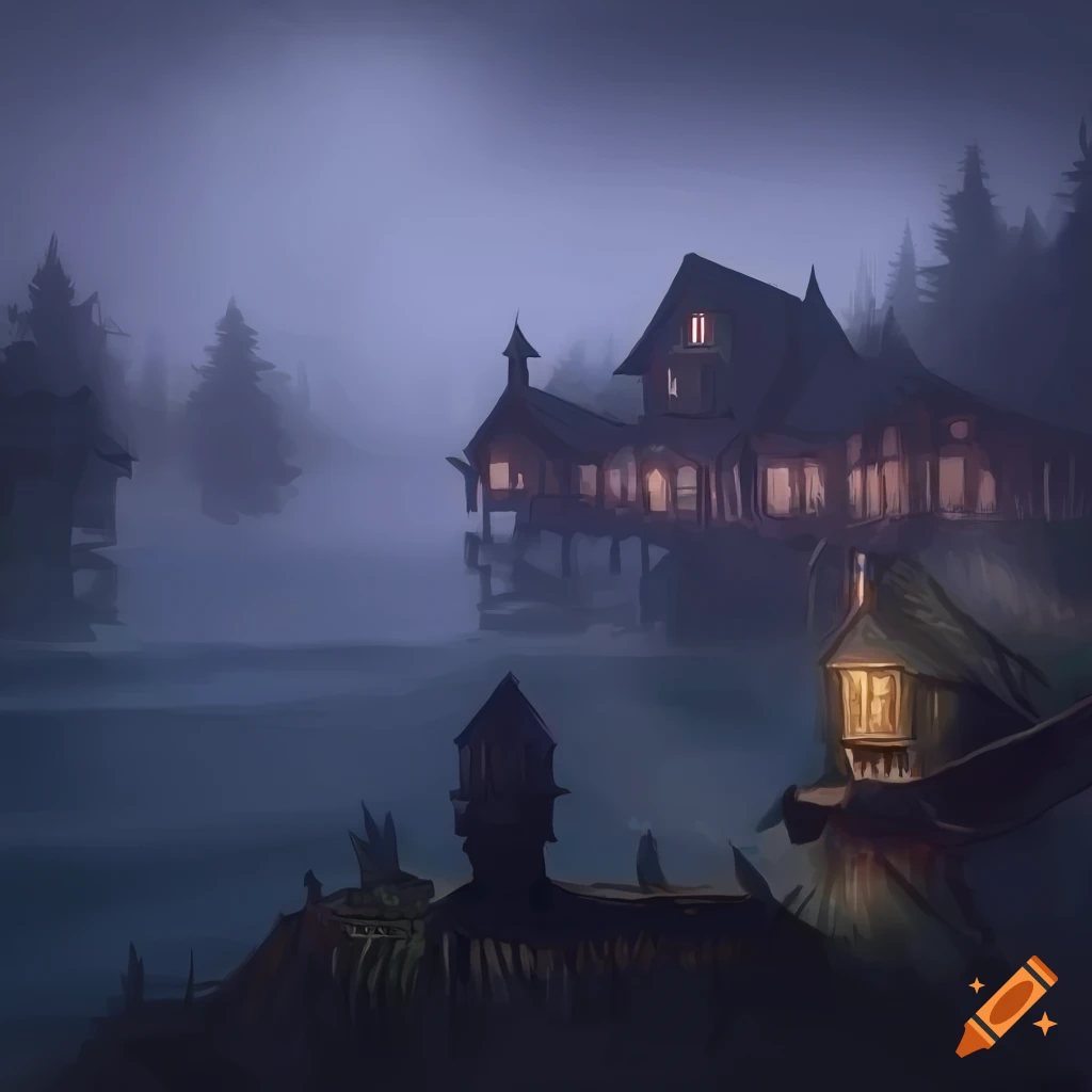 Digital art of a fantasy-inspired foggy coastal logging town with pine ...