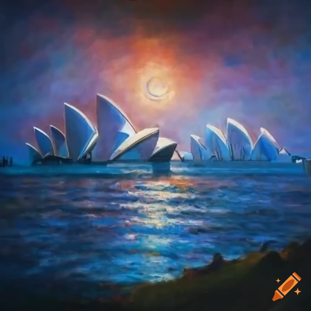 A hyper realistic claude monet impression of sydney opera house with a bear