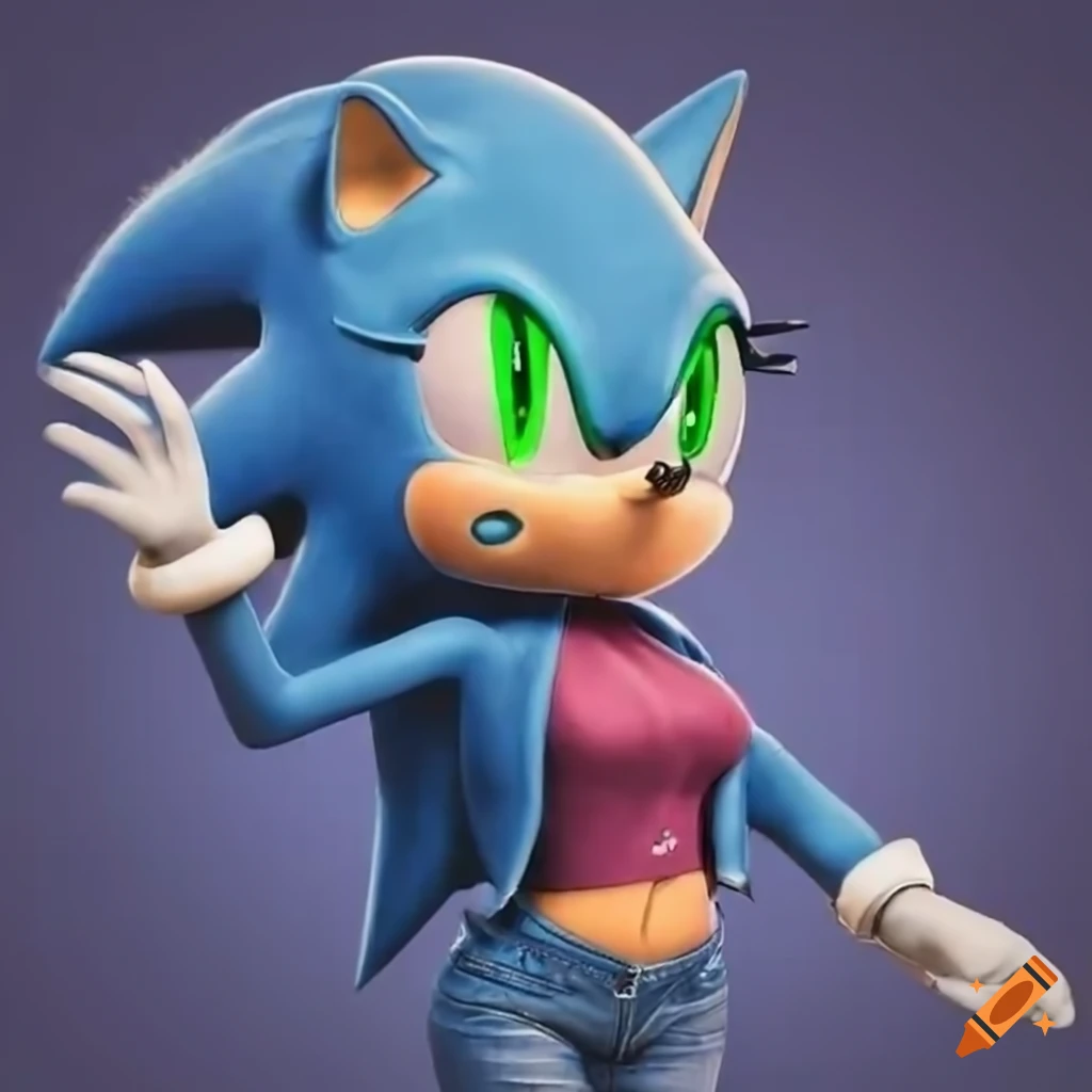 Female Sonic the Hedgehog wearing denim jeans and a blue leather jacket ...