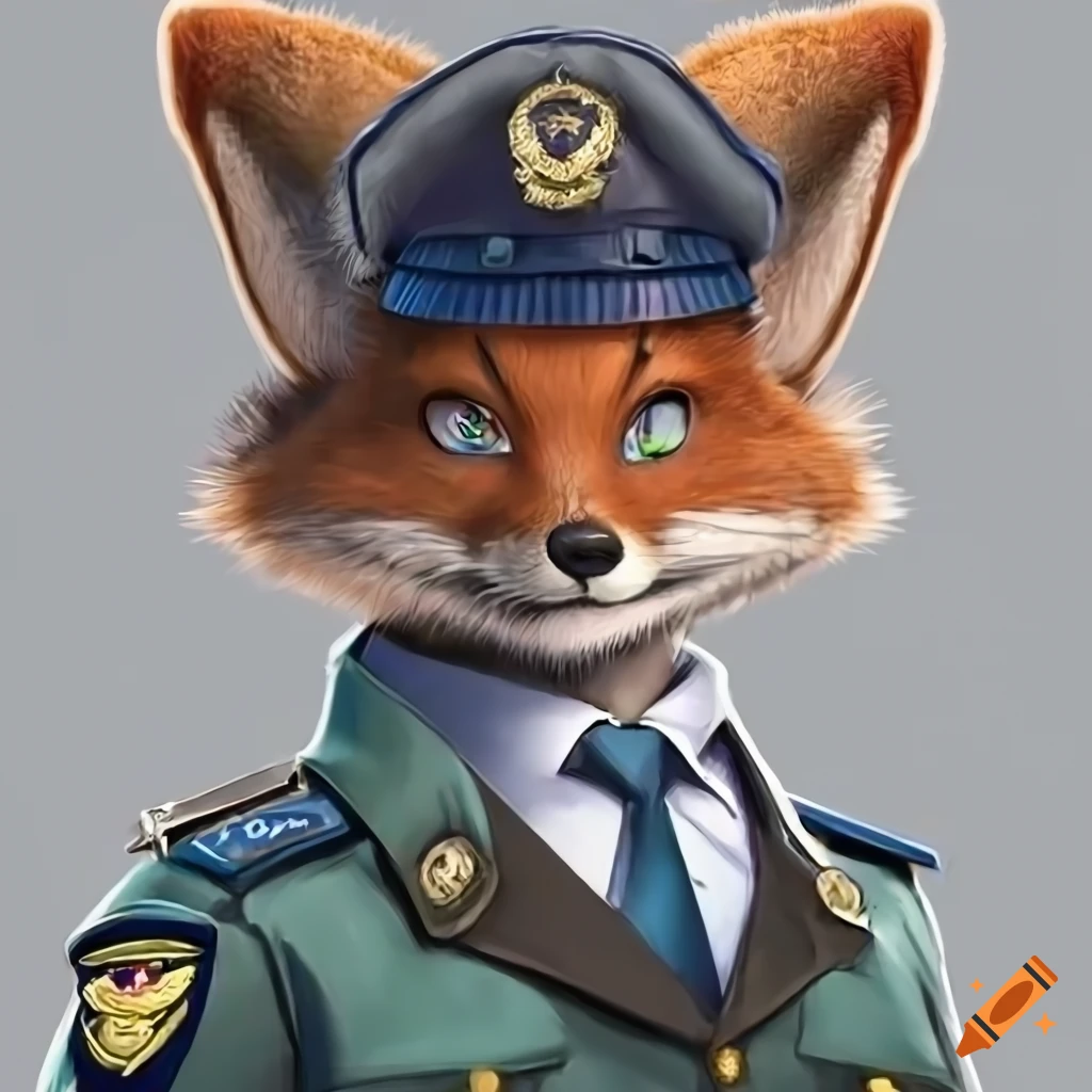 Handsome anthropomorphic fox wearing security uniform with fur collar ...