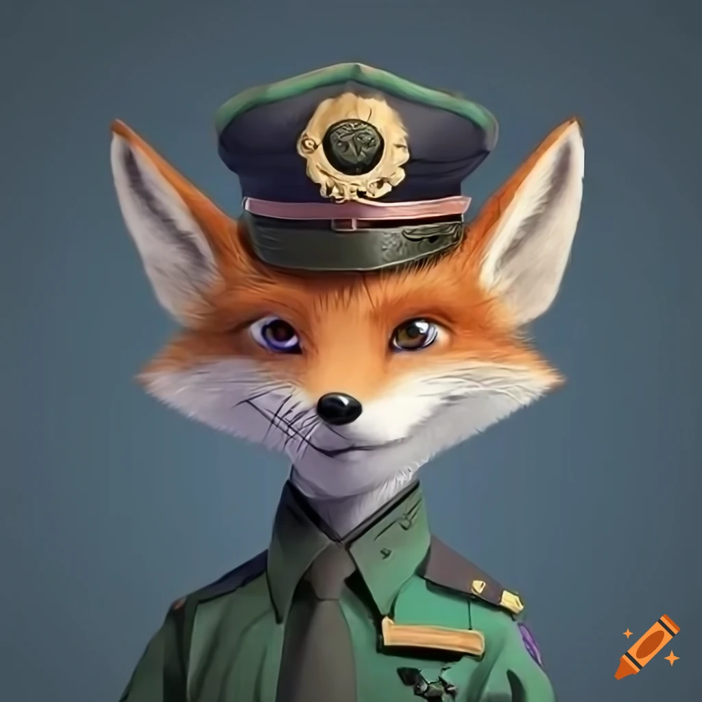 Handsome anthropomorphic fox wearing security uniform with fur collar ...