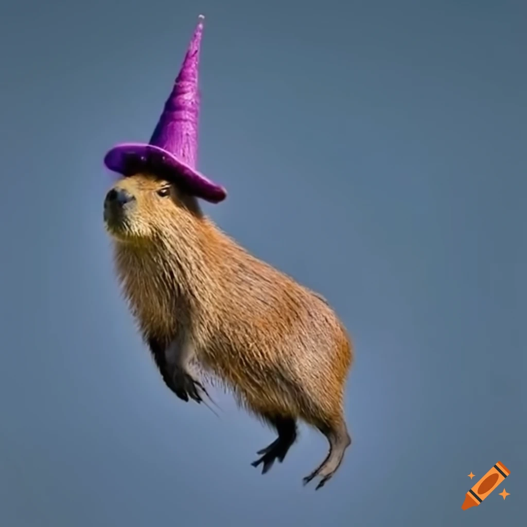 A capybara wearing a wizard hat, floating in the sky on Craiyon