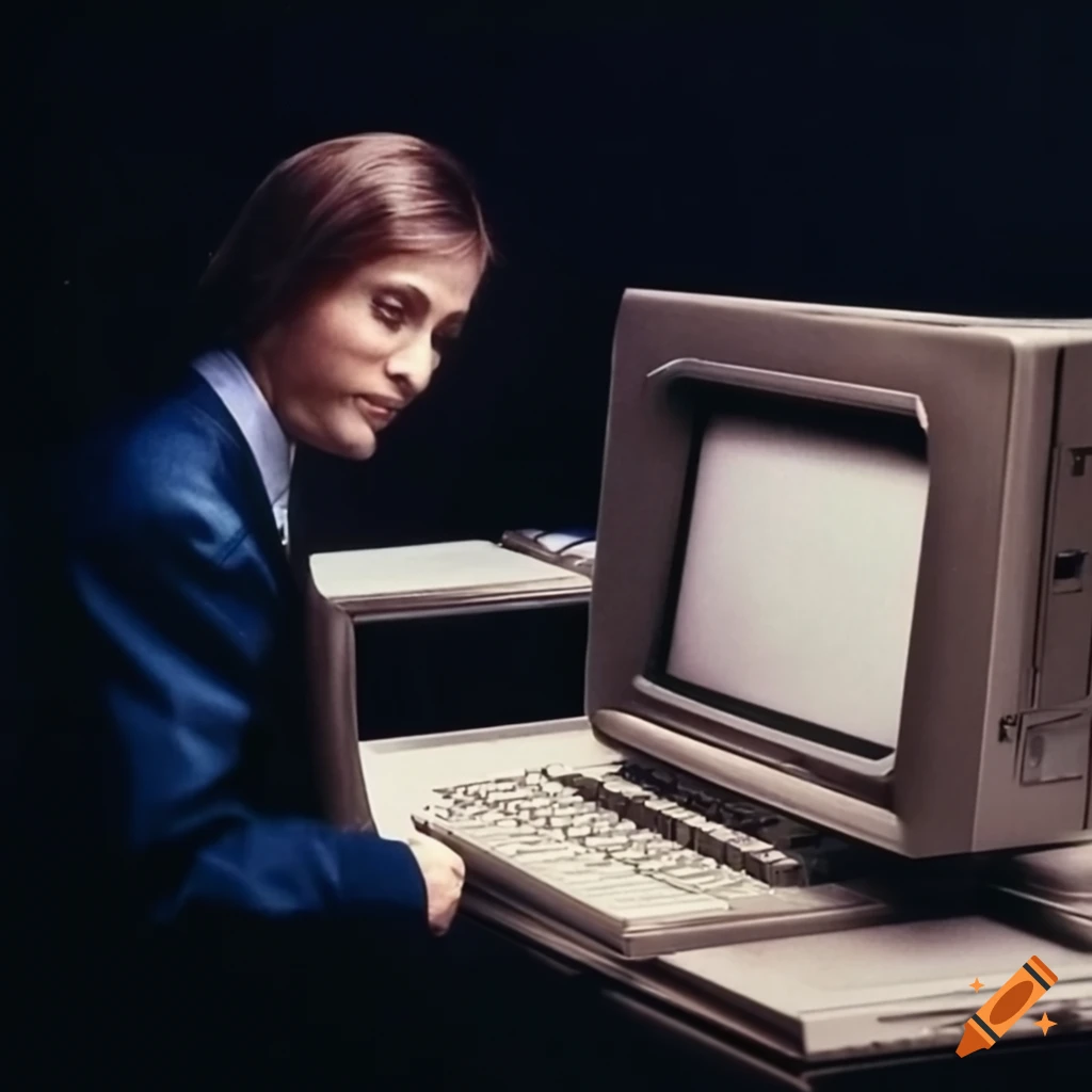 Office workers in 1985 posing with a vintage computer