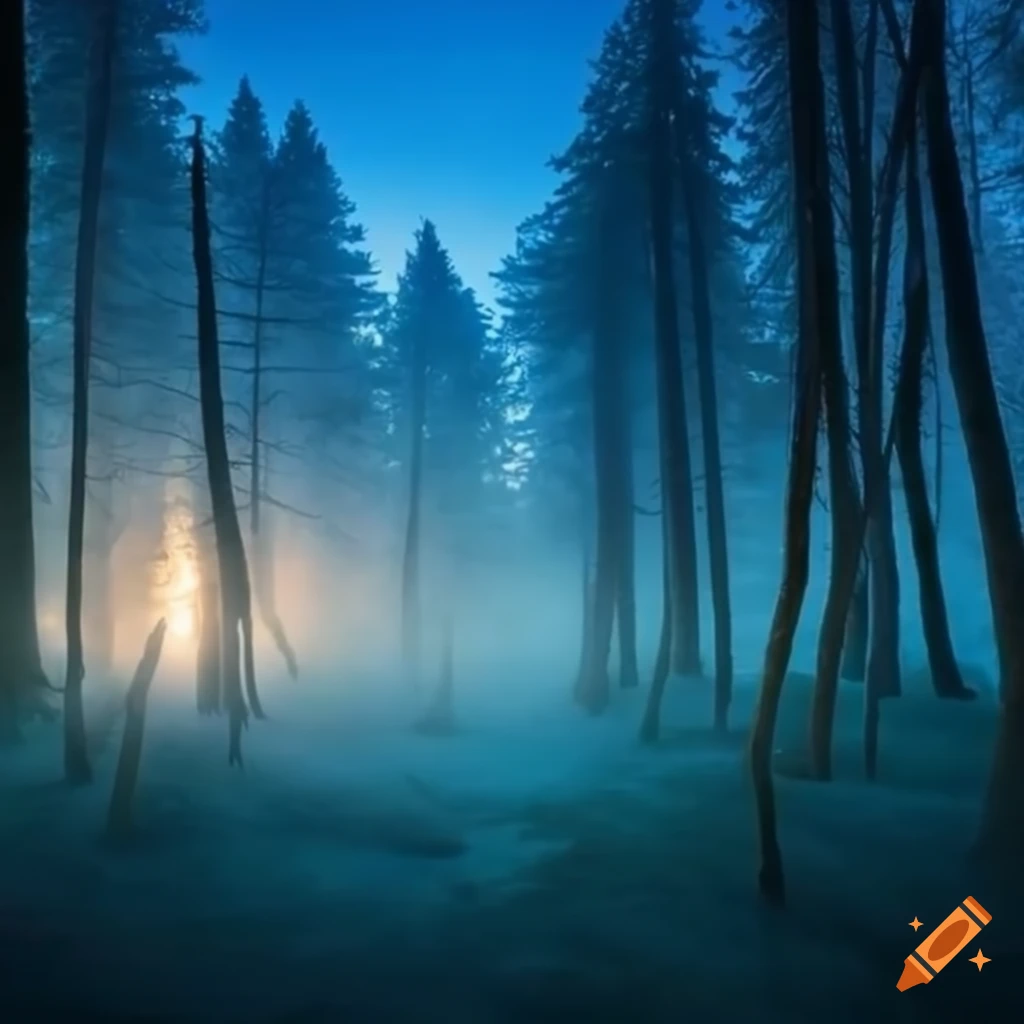 A majestic evergreen forest at sunset with a blue fog