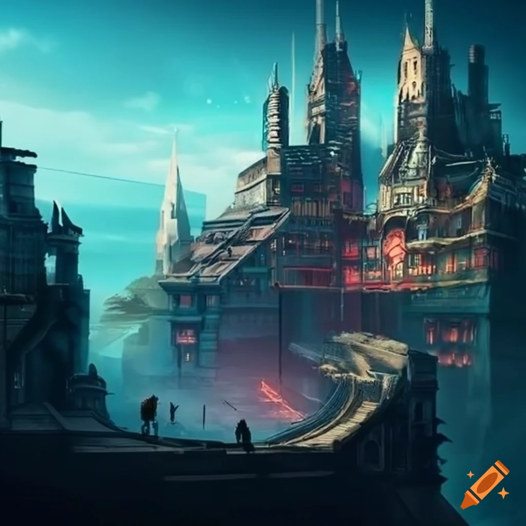 A cyberpunk castle-like building in a fantasy world on Craiyon