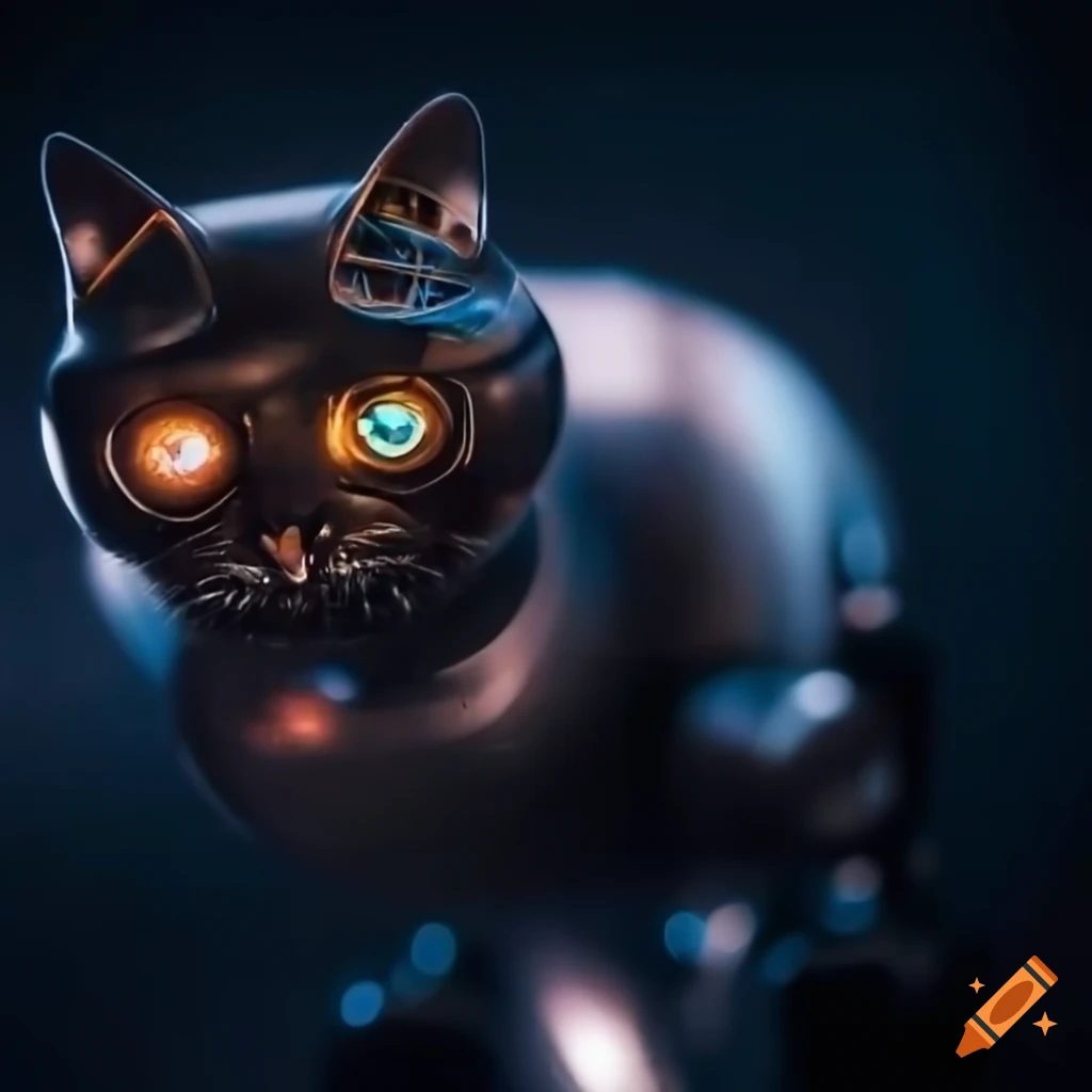 Realistic photo of a cat robot with visible mechanical and electronic ...