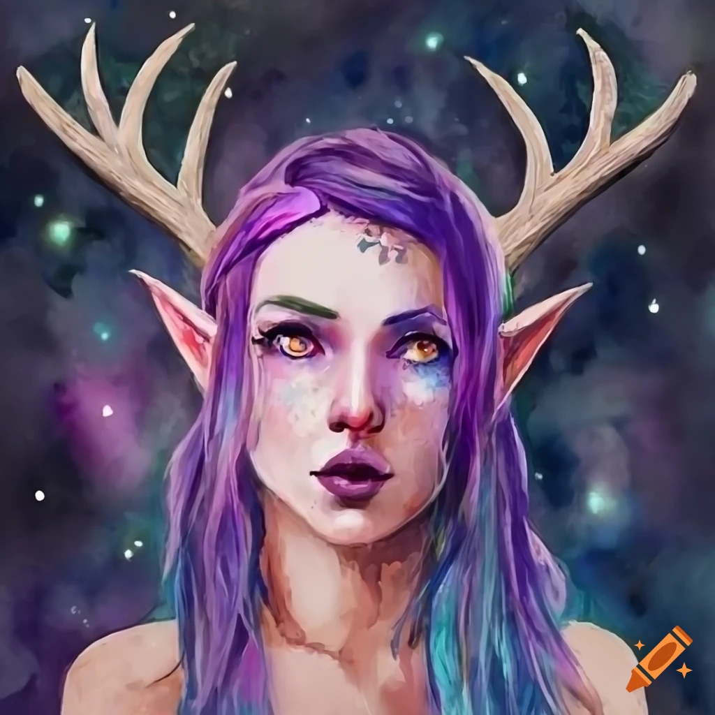Night elf Female, purple hair, wearing a wooden antlers, with a moon in ...