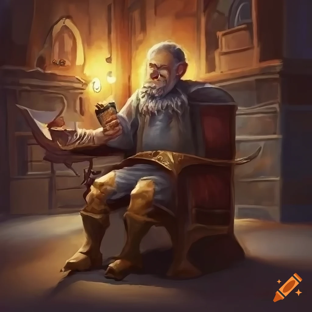 Dungeon and dragon,dnd,mayor,desk,sitting,town master on Craiyon