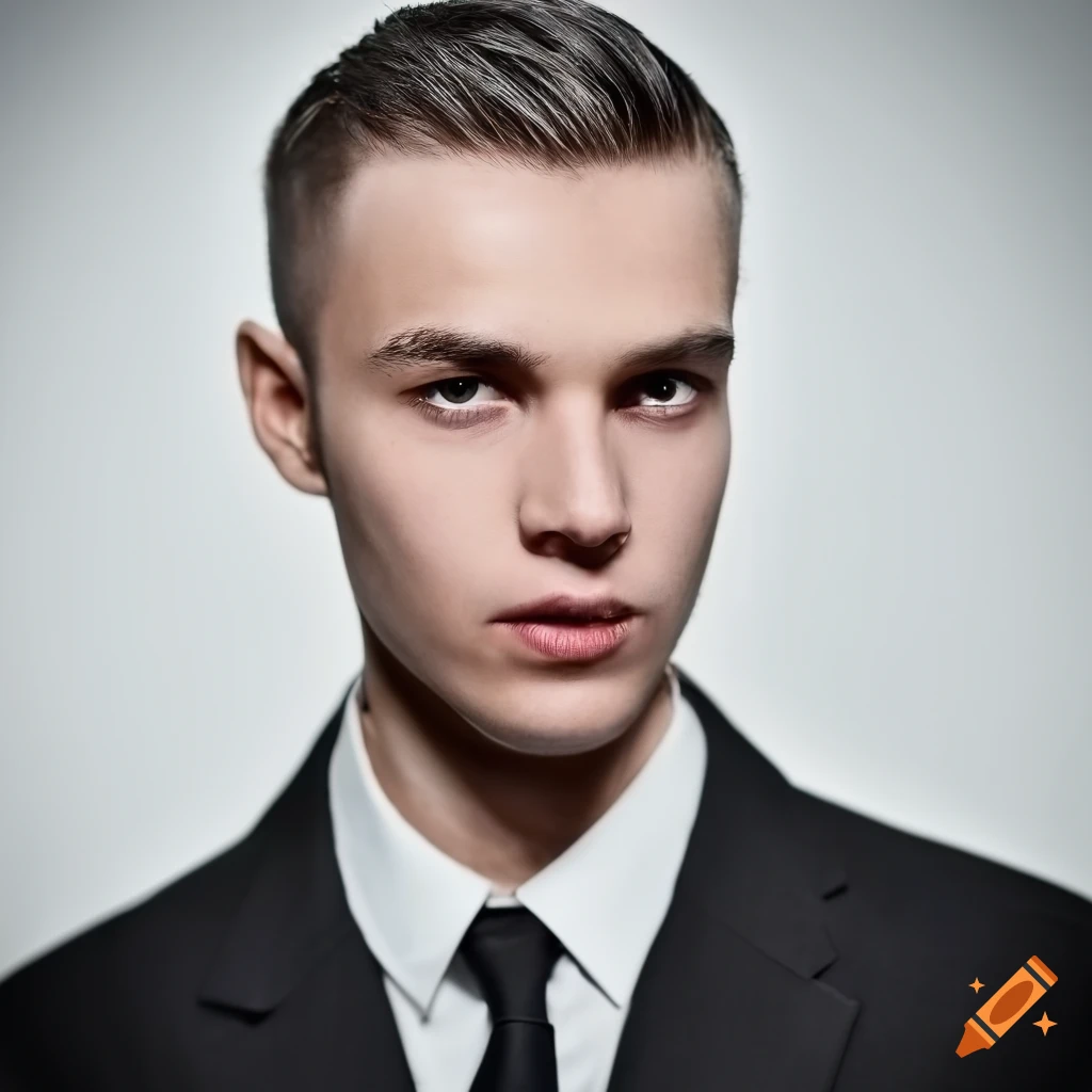 Photo face of a handsome man in a black suit, straight chin, short hair ...