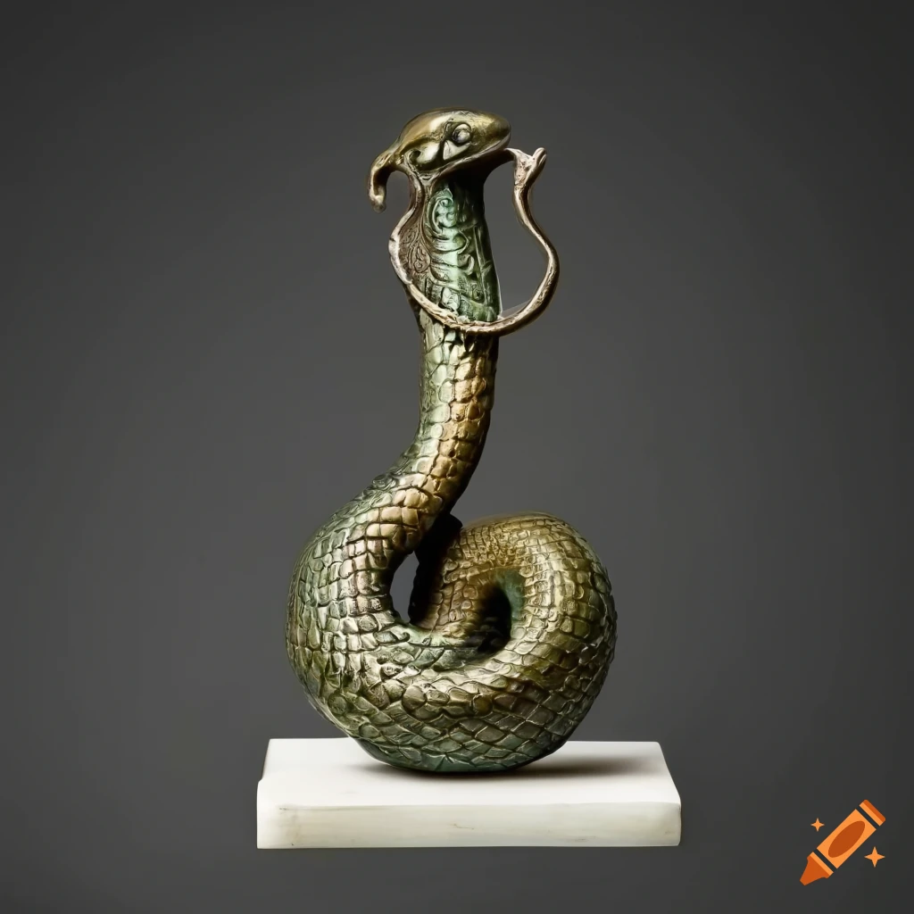 A bronze statuette of a snake twining around an anchor set on a marble ...