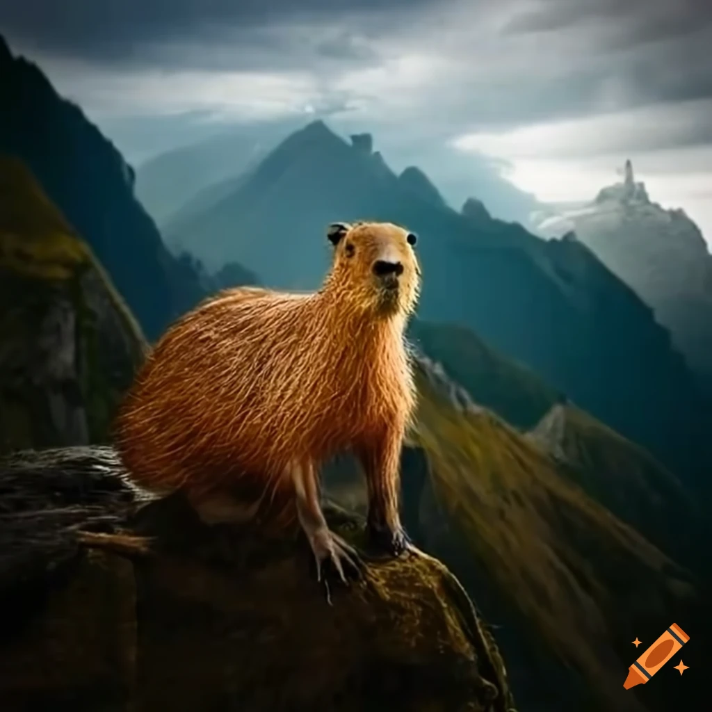 A capybara with climbing gear in the mountain on Craiyon