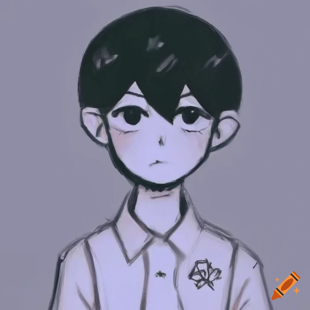 Detailed pencil sketch of omori with a solemn expression on Craiyon