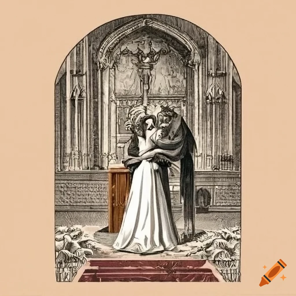 Catholic wedding ceremony in the engraving style. Include the priest ...